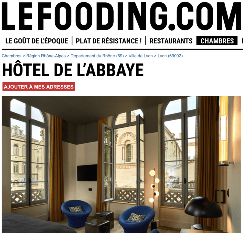 L'Hôtel de l'Abbaye parmi les bonnes adresses du Fooding à Lyon